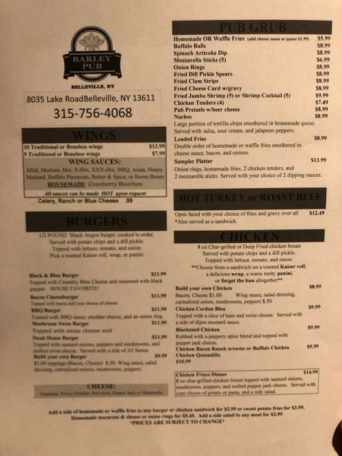 Barley Pub menu in Belleville, New York, USA