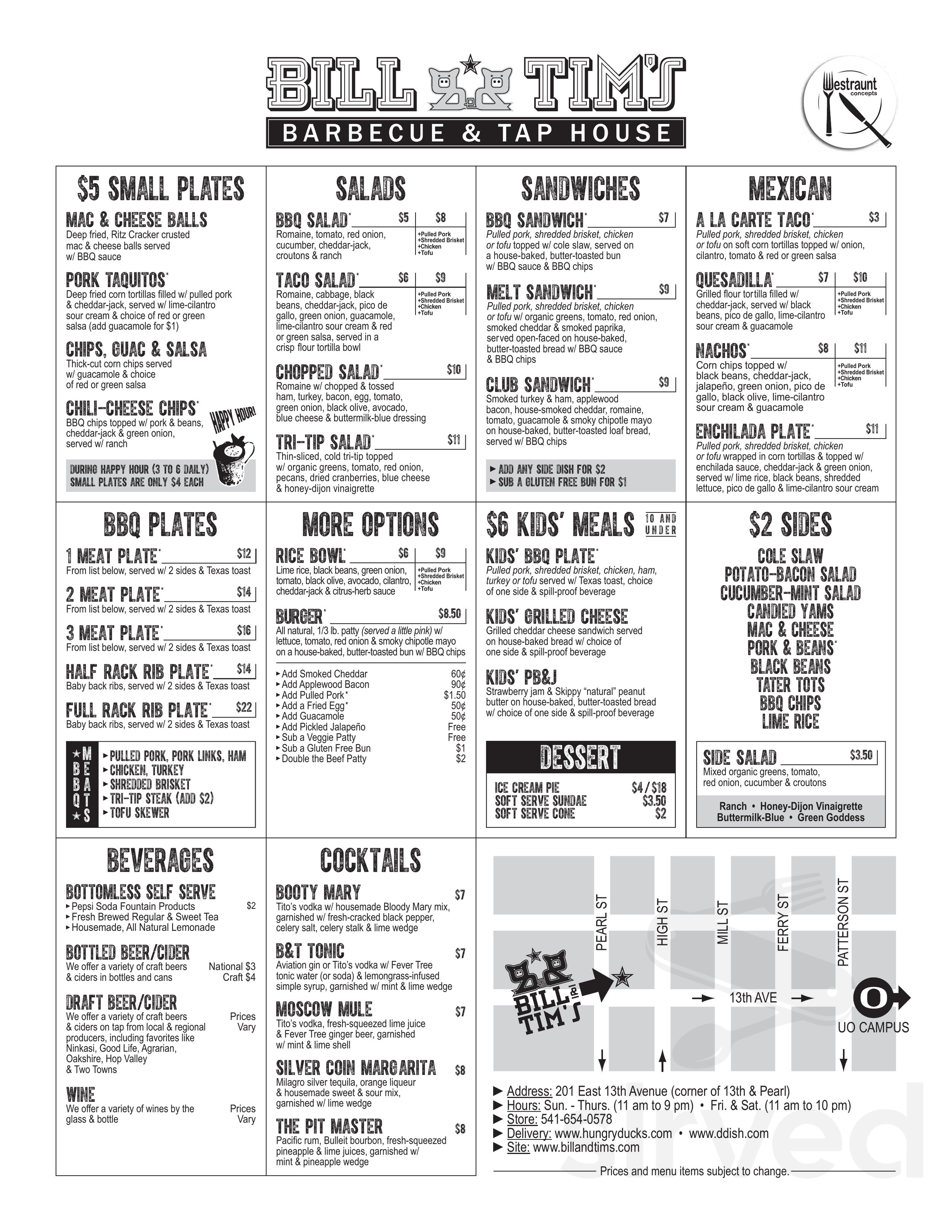 Menu for Bill & Tim's Barbeque & Tap House in Eugene, OR | Sirved