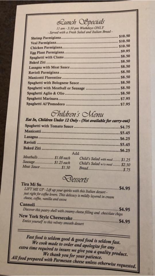 Castiglia | Italian Eatery menu in Keyser, West Virginia, USA