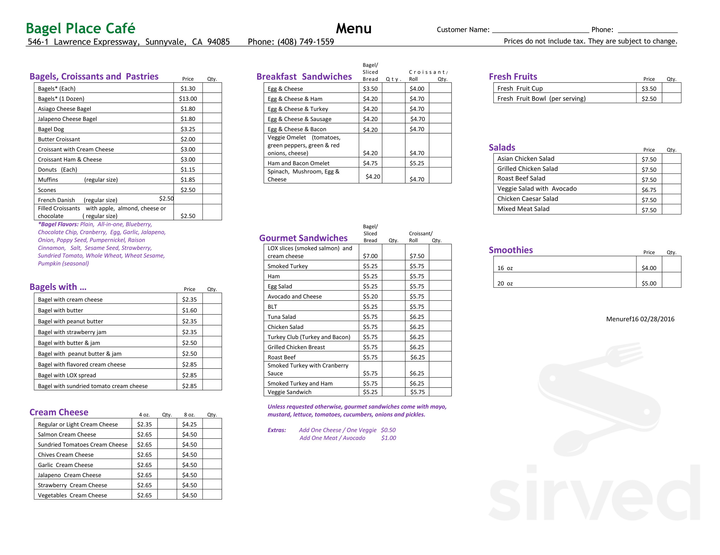 Bagel Place Cafe menu in Sunnyvale, California, USA