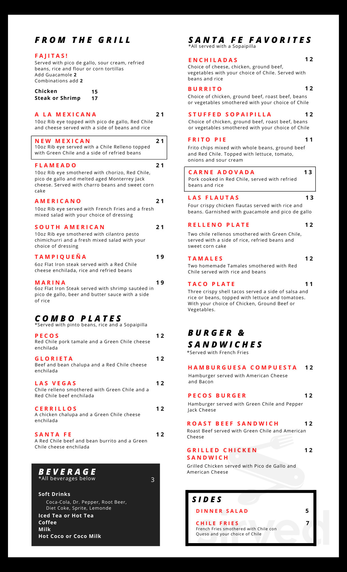 Pecos Trail Cafe menu in Santa Fe, New Mexico, USA
