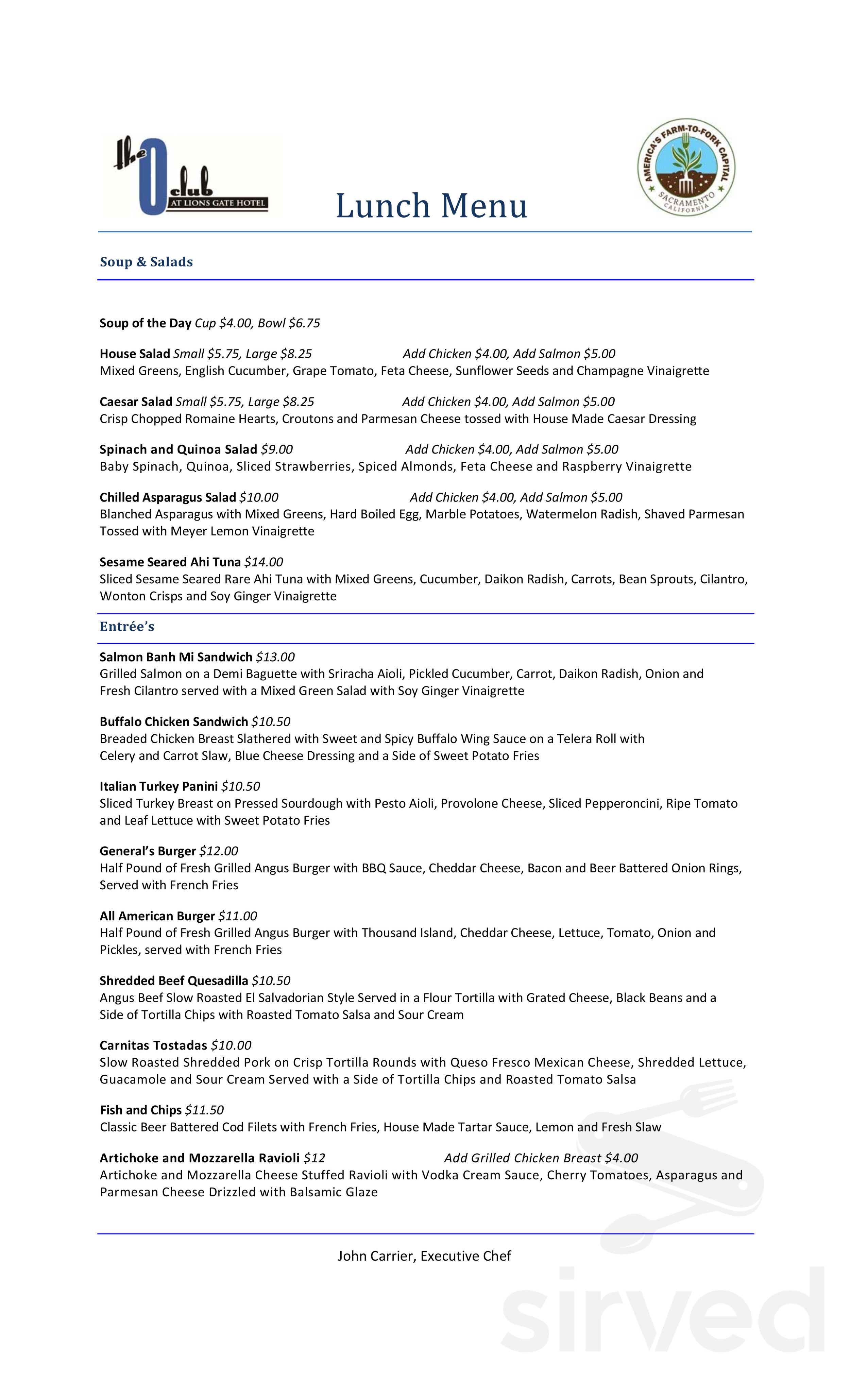 Lions Gate Hotel menu in McClellan Park, California, USA