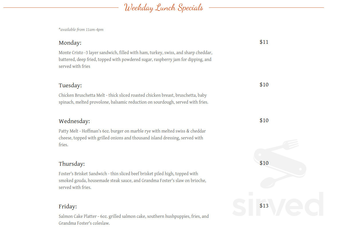 Foster's on the Point menu in Hagerstown, Maryland, USA