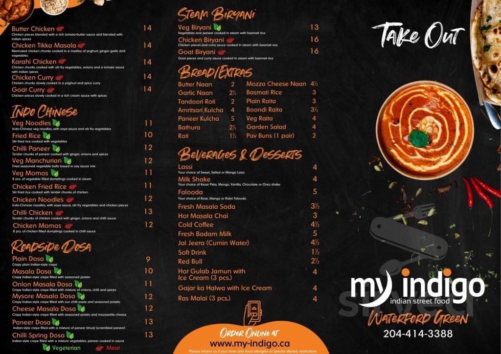 Menu - Winnipeg MB's My Indigo Indian Street Food Waterford | Sirved