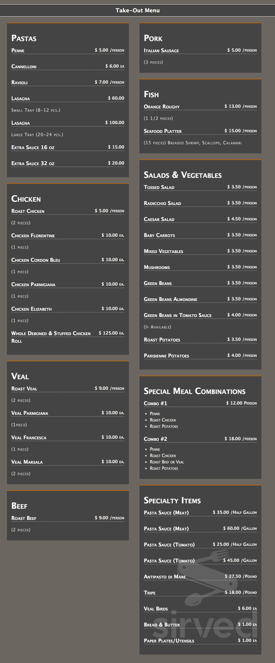 Giovanni Caboto Club menu in Windsor, Ontario, Canada