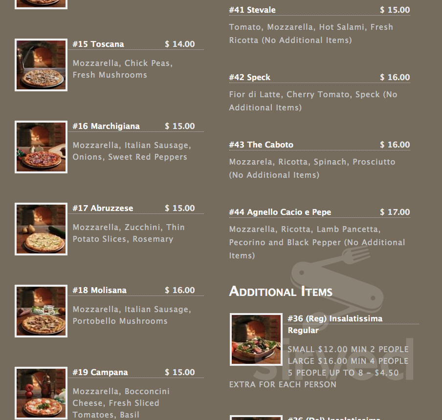 Giovanni Caboto Club menu in Windsor, Ontario, Canada