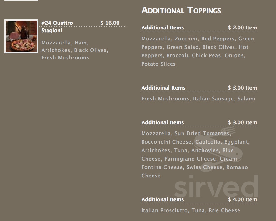 Giovanni Caboto Club menus in Windsor, Ontario, Canada