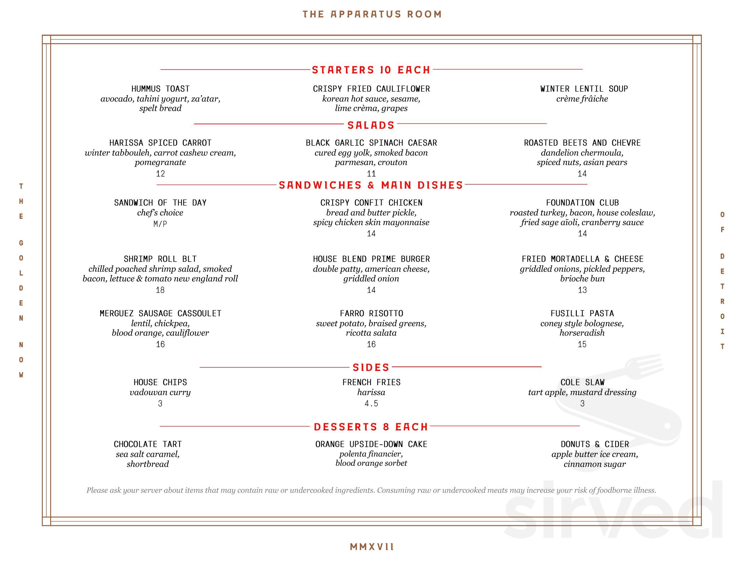 The Apparatus Room menu in Detroit, Michigan 48226, USA