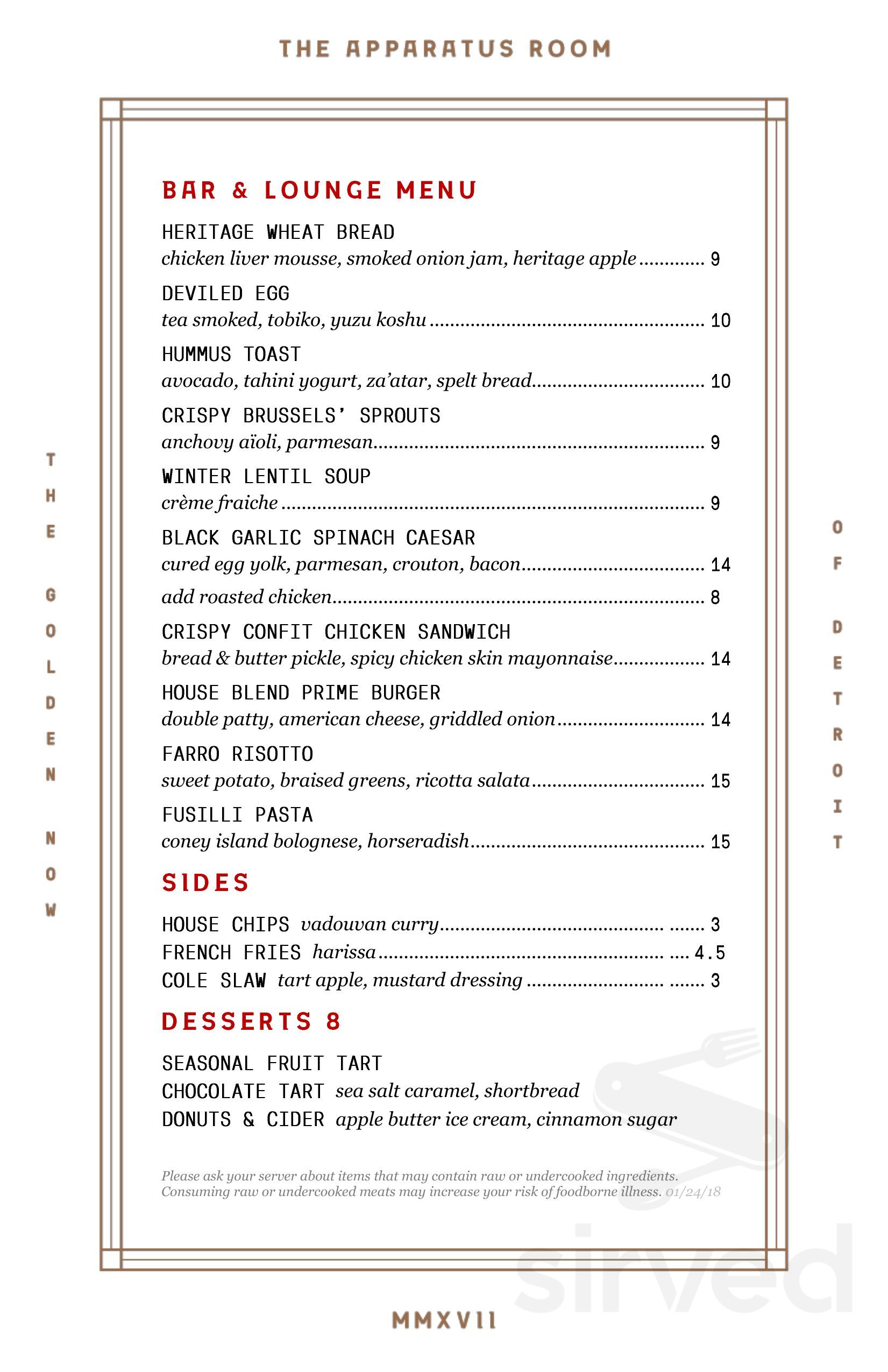 The Apparatus Room menu in Detroit, Michigan 48226, USA